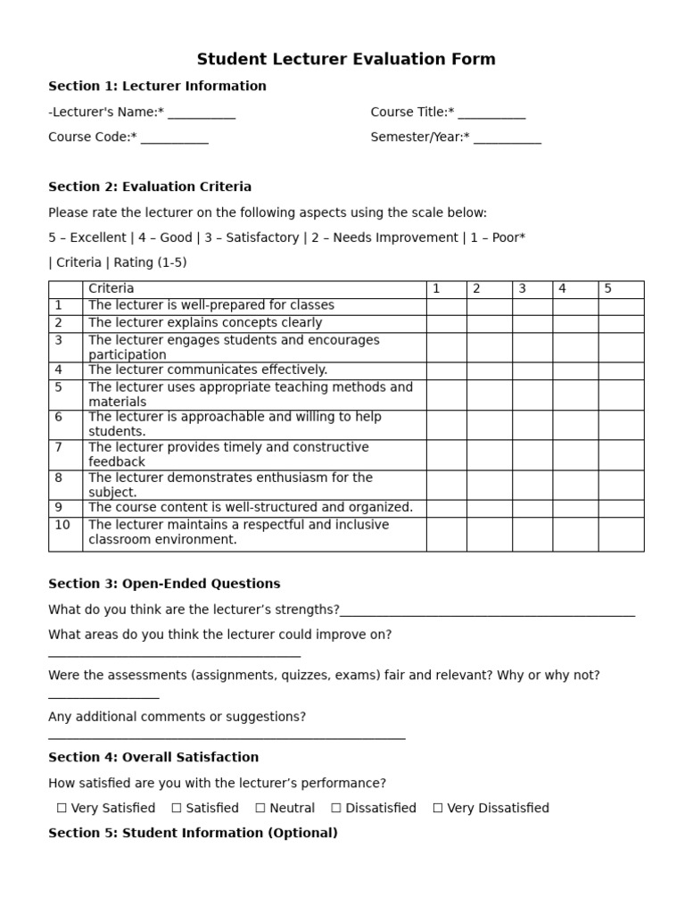Student Lecturer Evaluation Form | PDF