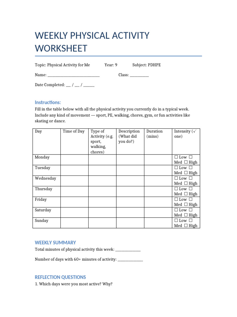 Weekly Physical Activity Tracker for Year 9 | PDF