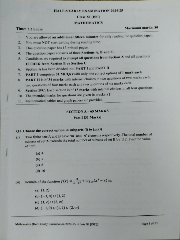Class XI Maths Haly Yearly Paper 2024-25 | PDF