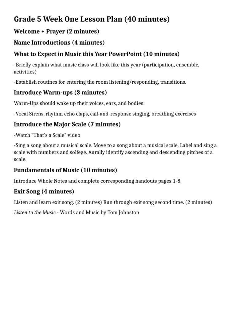 Grade 5 Week One Lesson Plan | PDF
