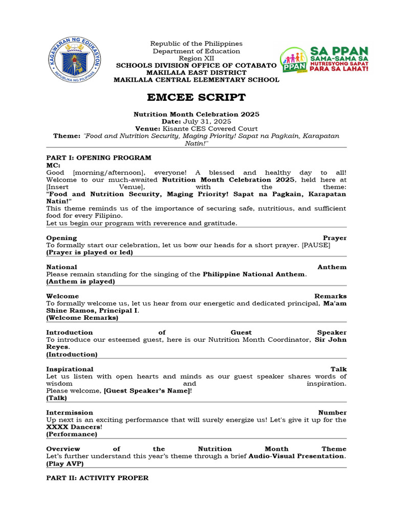 Emcee Script - Nutrition Month 205 | PDF