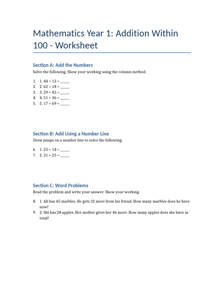 Year1 Math Addition Worksheet | PDF