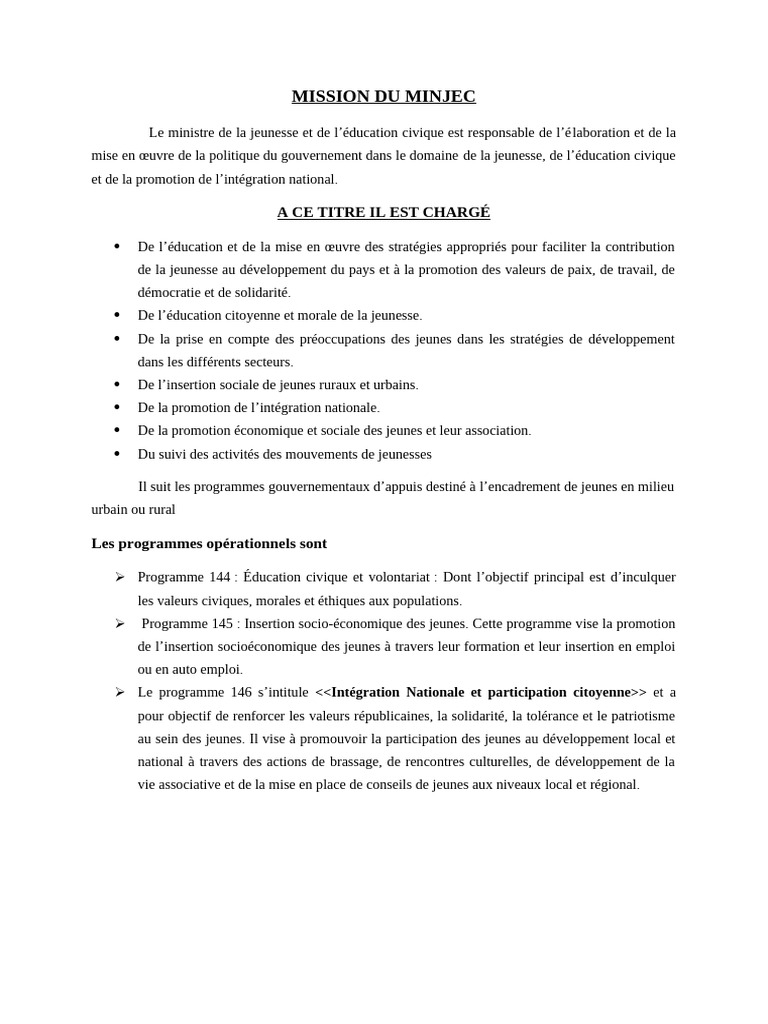 Missions et programmes du MINJEC | PDF