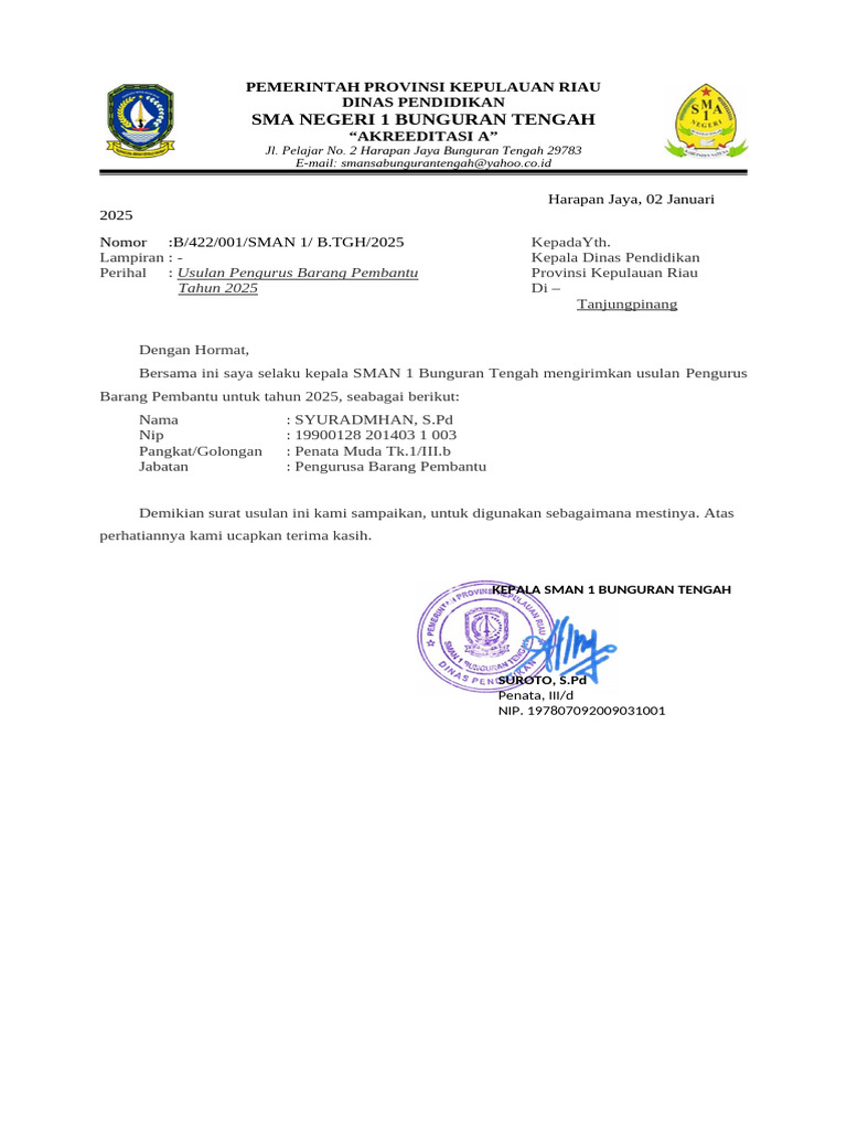 1. SURAT USULAN Untuk Pengurus Barang | PDF