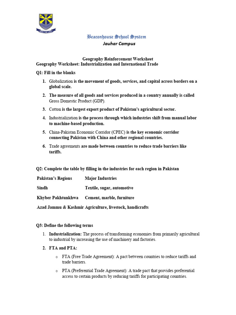 Answer Sheet Geography Practice Worksheet | PDF | Globalization | Pakistan