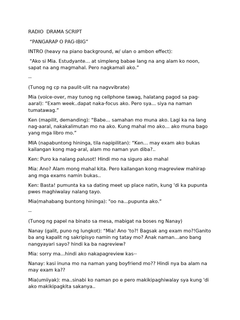 Radio Drama Script Pangarap o Pag Ibig | PDF