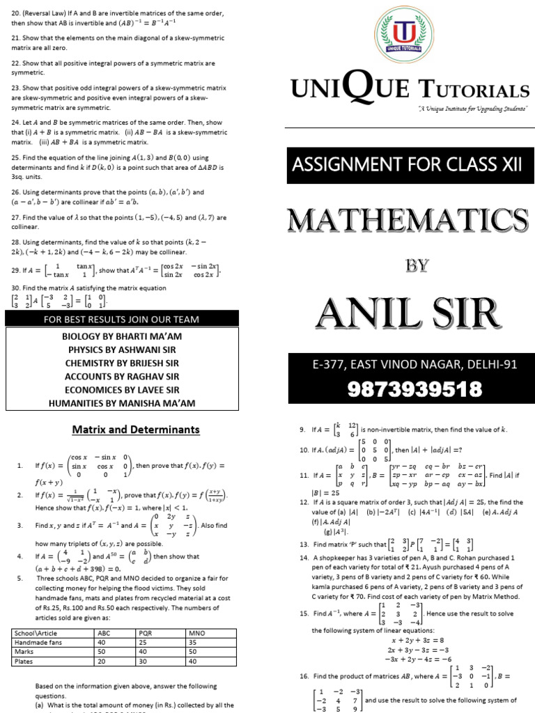 Assignment of Matrix & Determinants | PDF | Determinant | Matrix (Mathematics)