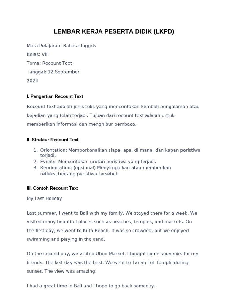 LKPD Recount Text Kelas 8 K-Merdeka | PDF