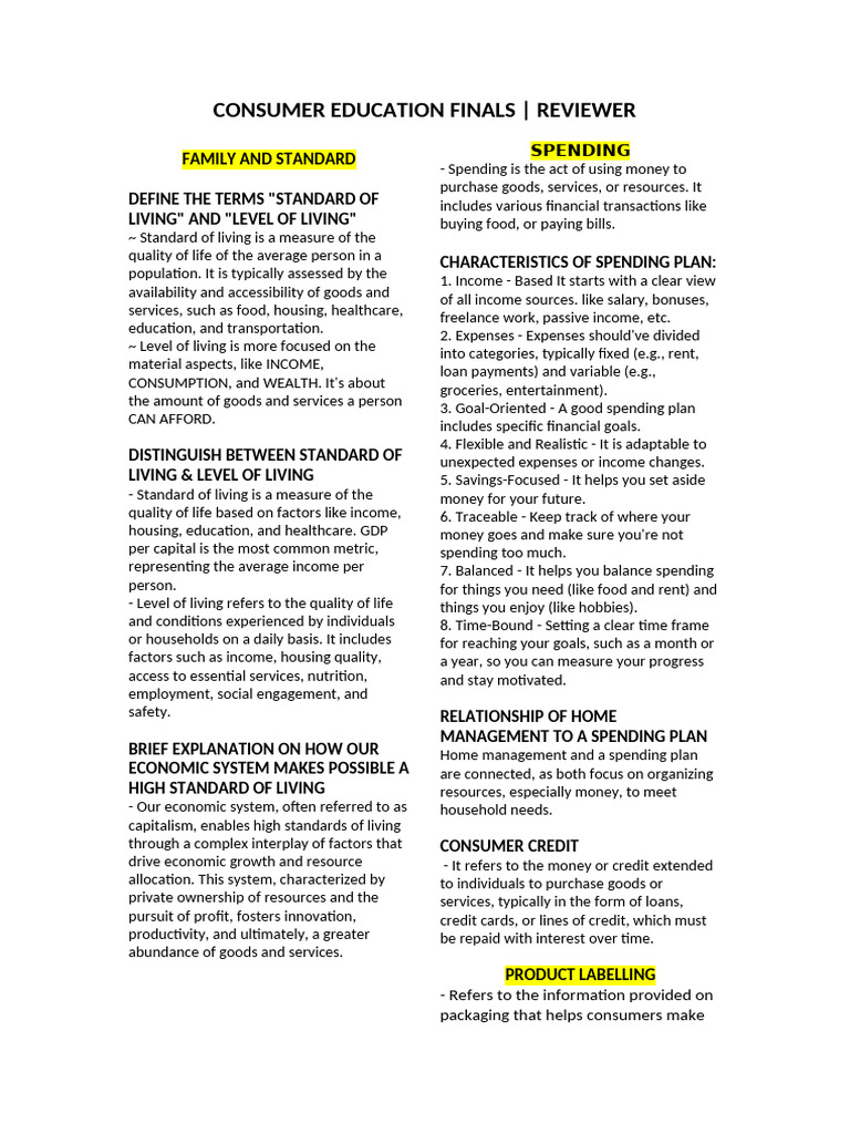 Consumer Education Review: Living Standards & Ethics | PDF | Income ...