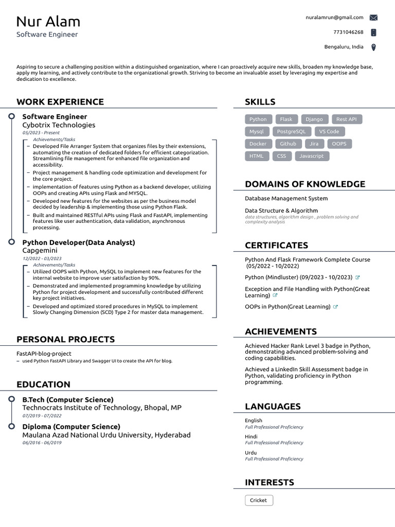 Nur Alam CV | PDF | Python (Programming Language) | My Sql