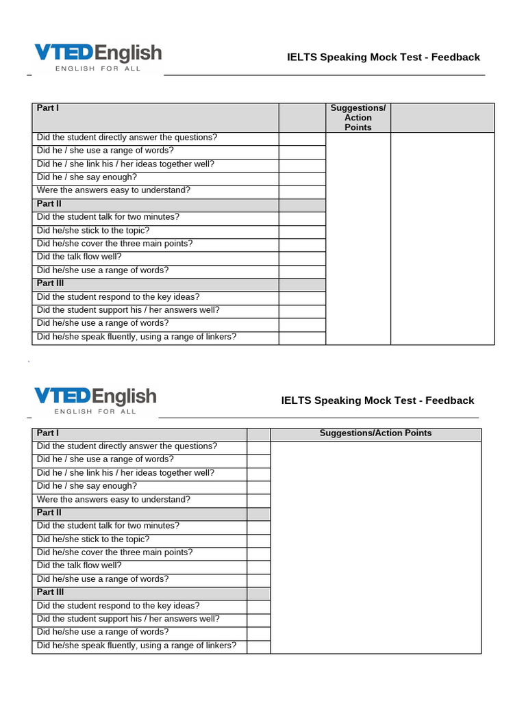 IELTS Speaking Mock Test Feedback Guide | PDF | International English ...