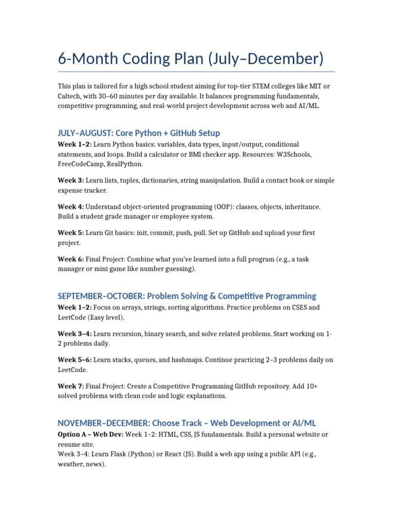 Coding Plan MIT Caltech Track | PDF