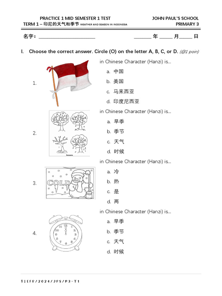 P3 - Term 1 Practice Mid Semester 1 Test - Full | PDF