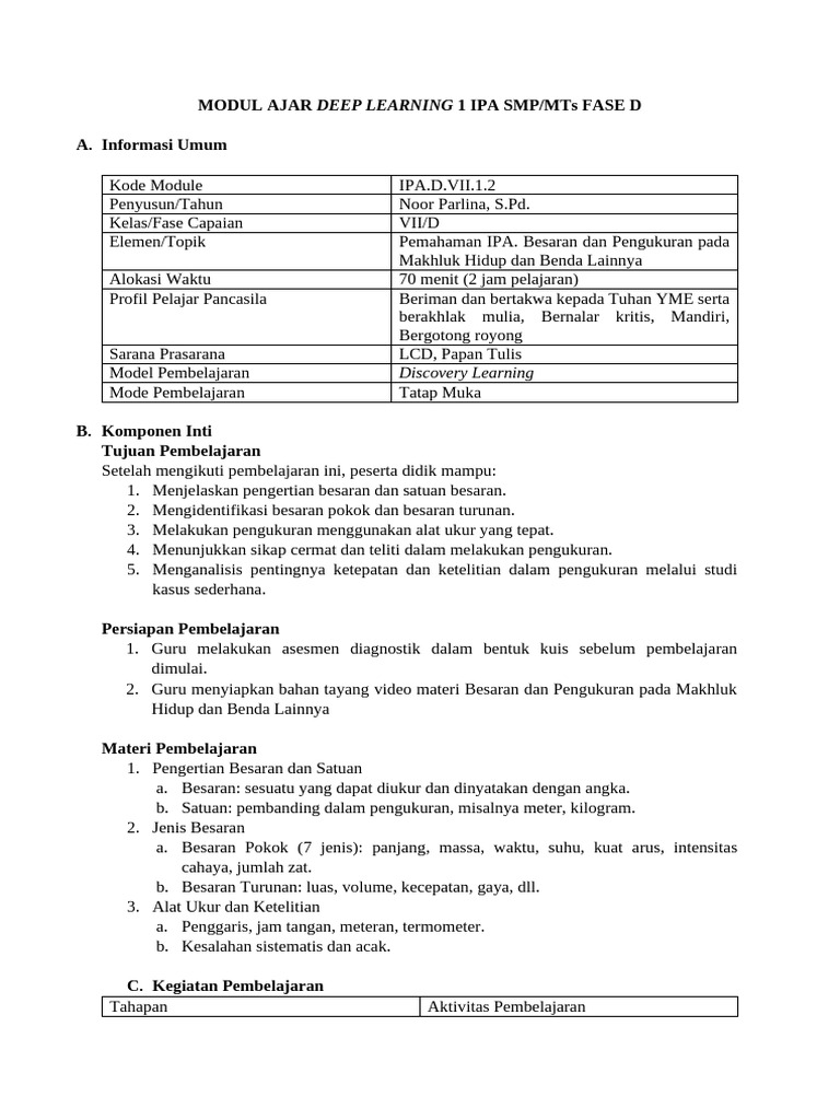 Modul Ajar Deep Learning 1 Ipa SMP | PDF