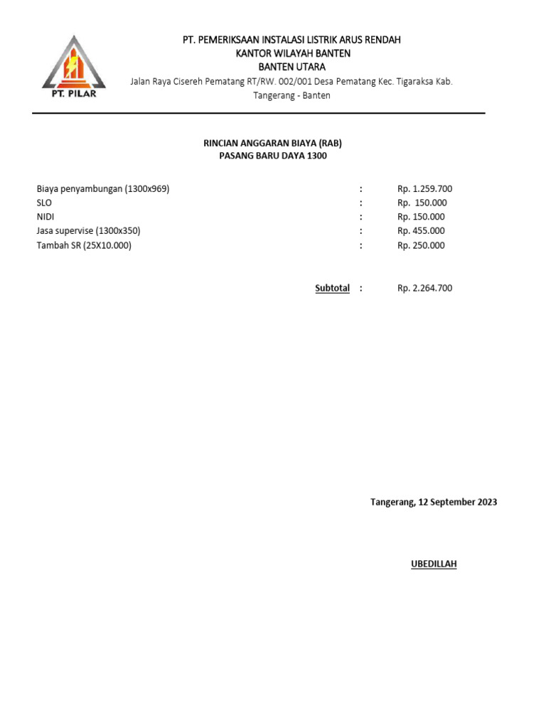 RAB Pasang Baru Daya 1300 di Banten | PDF