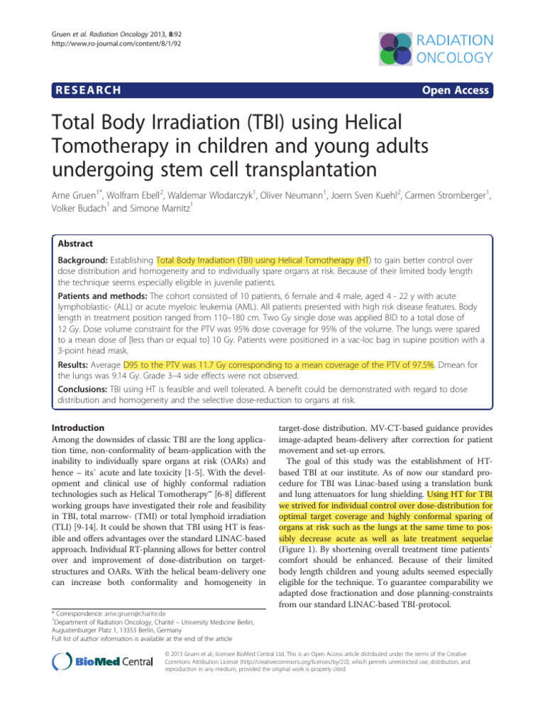 Total Body Irradiation (TBI) Using Helical Tomotherapy in Children and ...