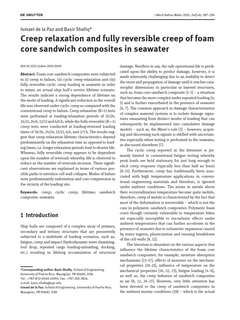 Creep Relaxation and Fully Reversible Creep of Foam Core Sandwich | PDF ...