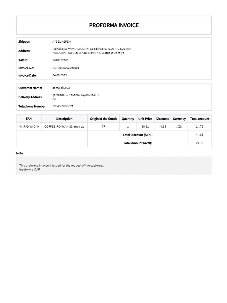 Proforma Invoice: Shipper: Address: Tax Id: Invoice No: Invoice Date | PDF