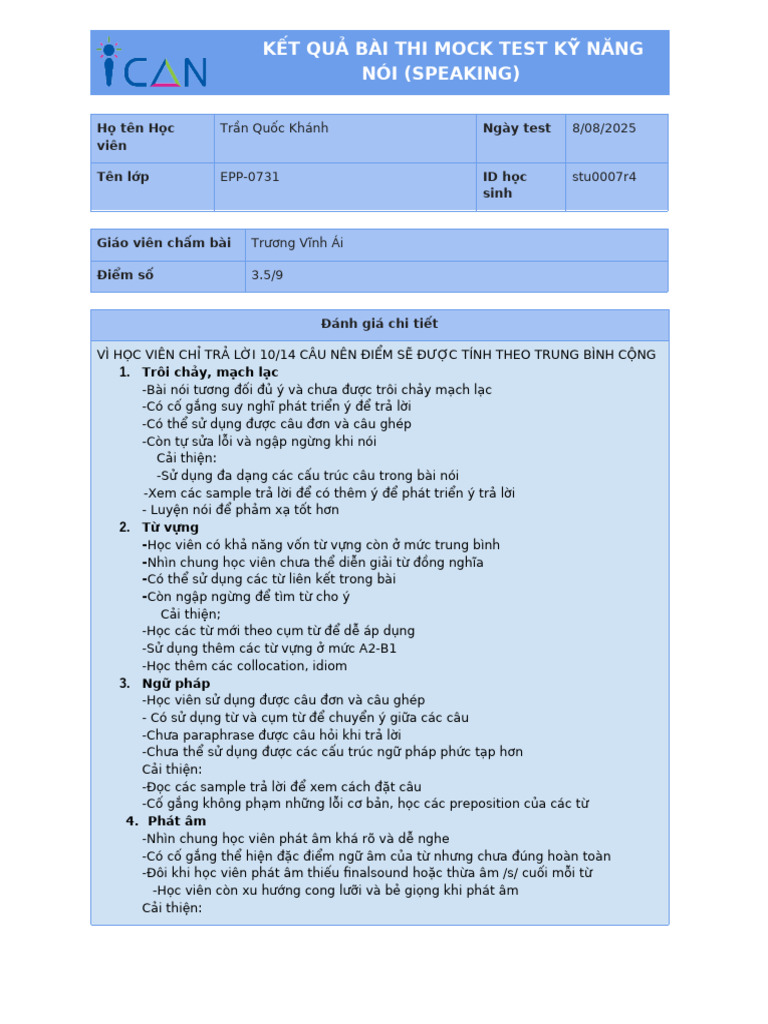 Kết Quả Bài Thi Mock Test Kỹ Năng Nói (Speaking) | PDF