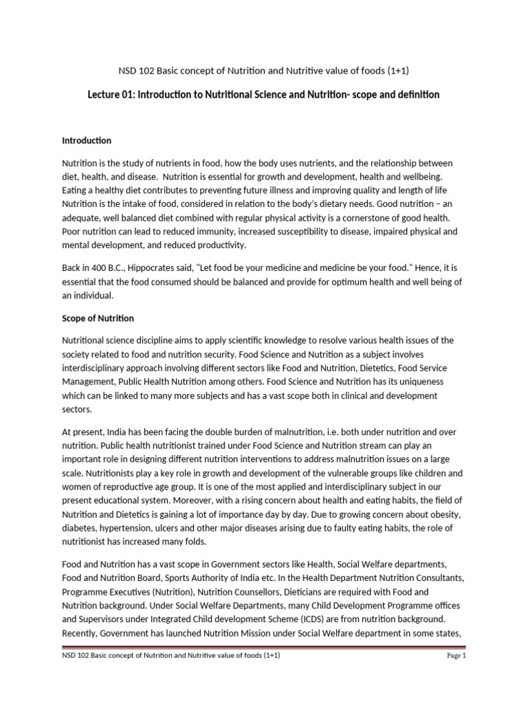Lecture 1 Introduction To Nutritional Science and Nutrition - Scope and ...