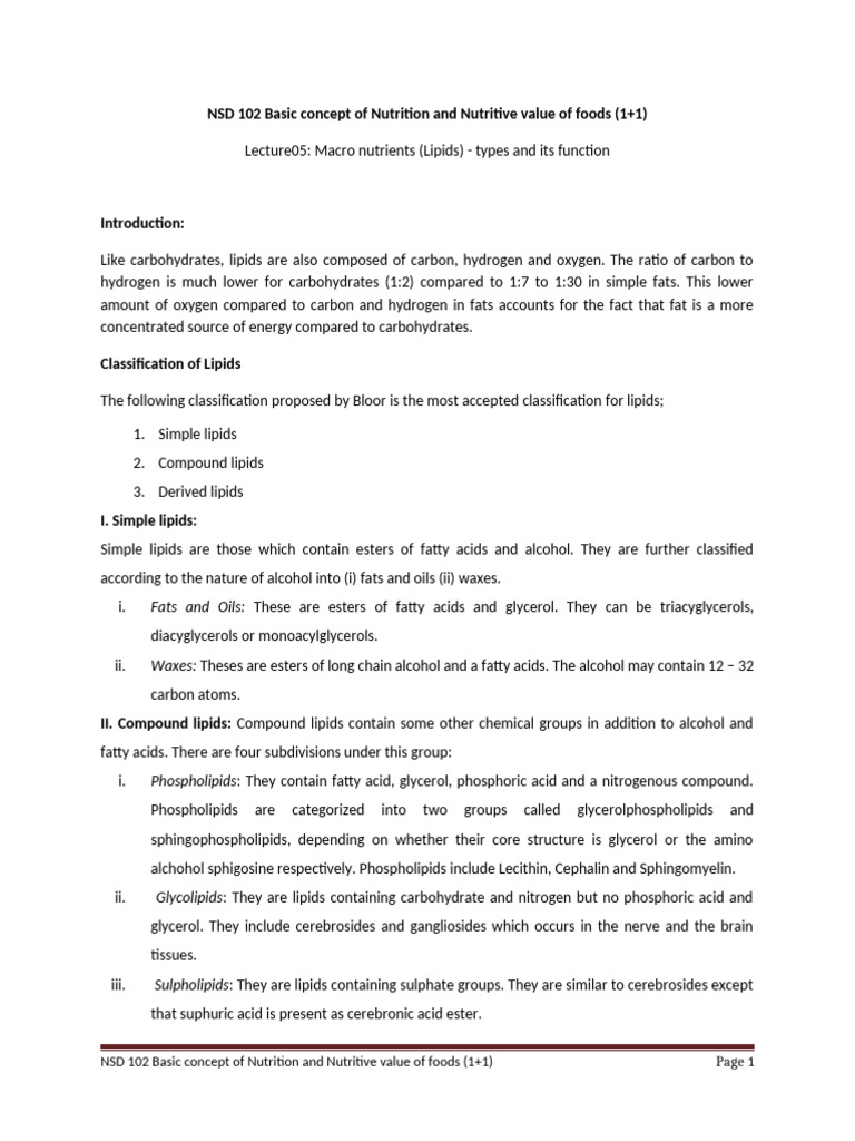 Lecture 5. Macro Nutrients (Lipids) - Types and Its Function | PDF ...