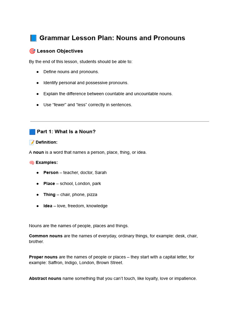 ? Grammar Lesson Plan: Nouns and Pronouns | PDF | Noun | Pronoun