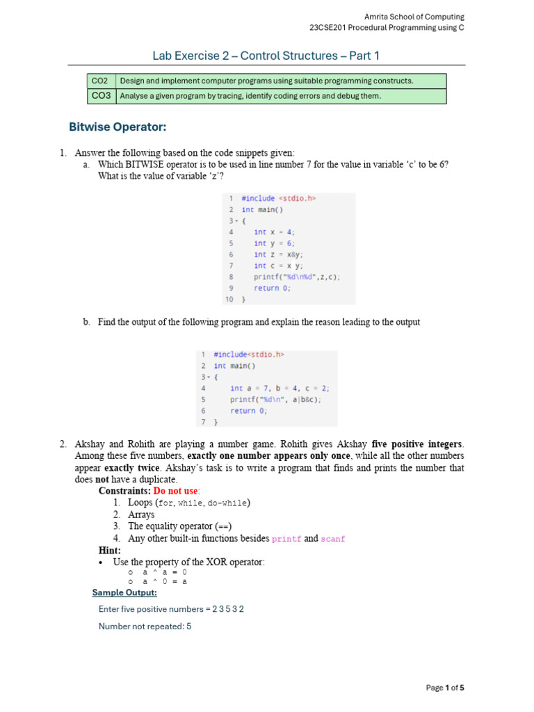 Lab Exercise 2 - Control Structures in C - Part 1 | PDF | Control Flow | Computer Programming