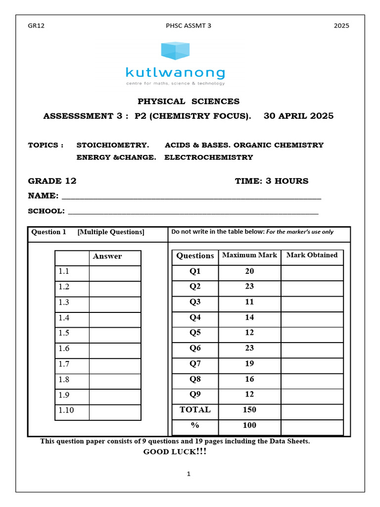 GR 12 Physical Sciences Assessment 3 Updated 2025 | PDF | Chemical ...