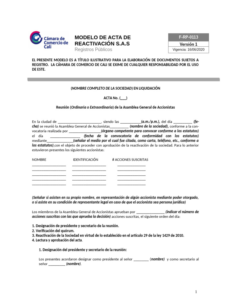 Modelo de Acta para Reactivación S.A.S. | PDF | Gobierno