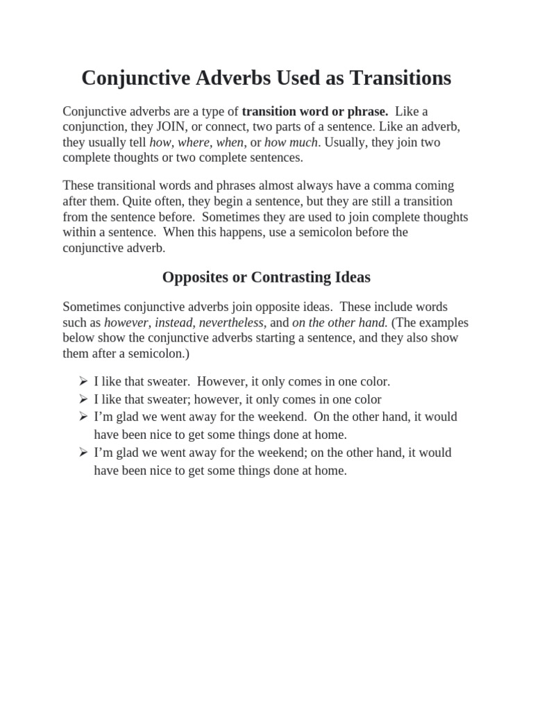 Conjunctive Adverbs Used As Transitions: Opposites or Contrasting Ideas ...