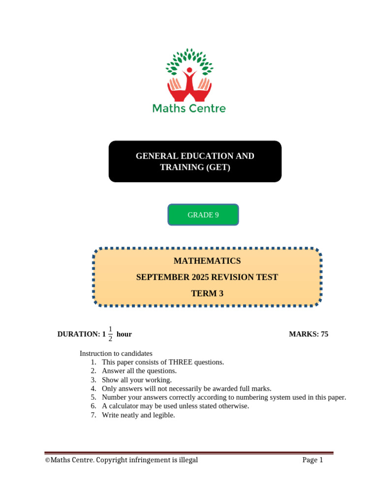 Grade 9 Maths Revision Test 2025 | PDF | Cartesian Coordinate System ...