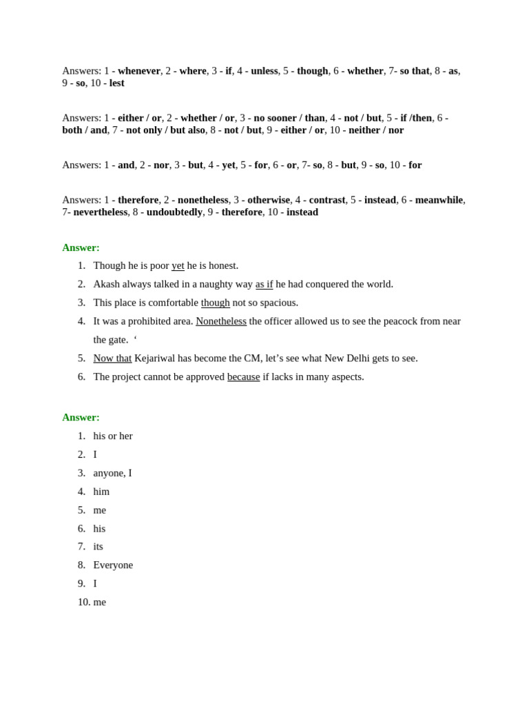 Conjunctions Exercise Answers | PDF