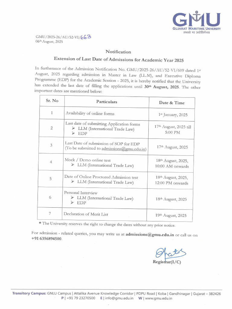 Extension of Last Date of Admissions For Academic Year 2025 | PDF
