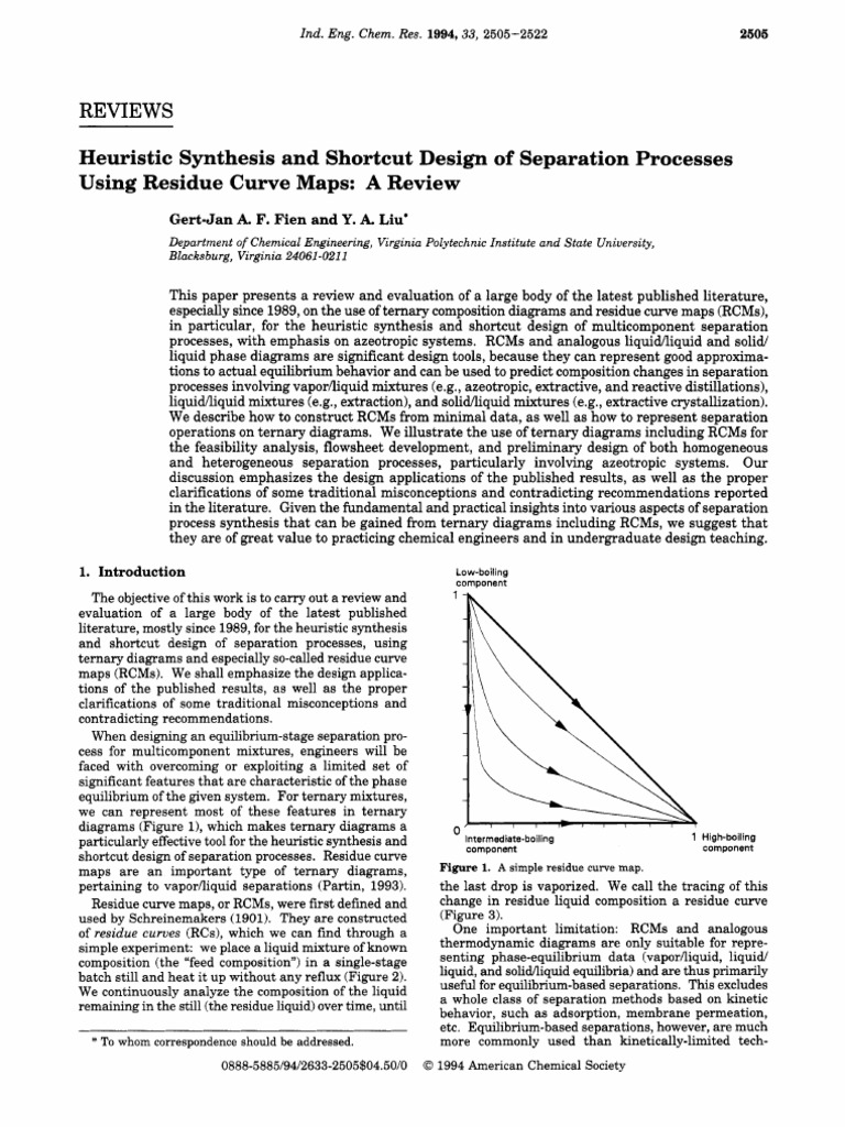 Heuristic Synthesis and Shortcut Design of Separation Processes Using Residue Curve Maps - A ...