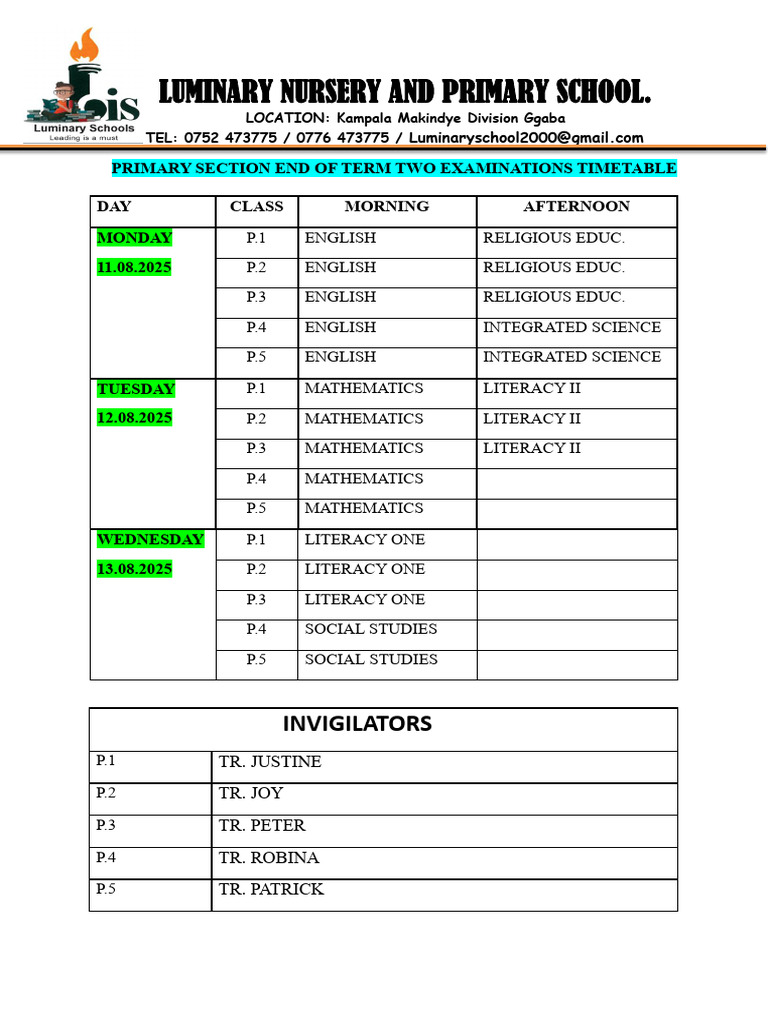 Luminary End of Term Two Timetable - 013155 | PDF