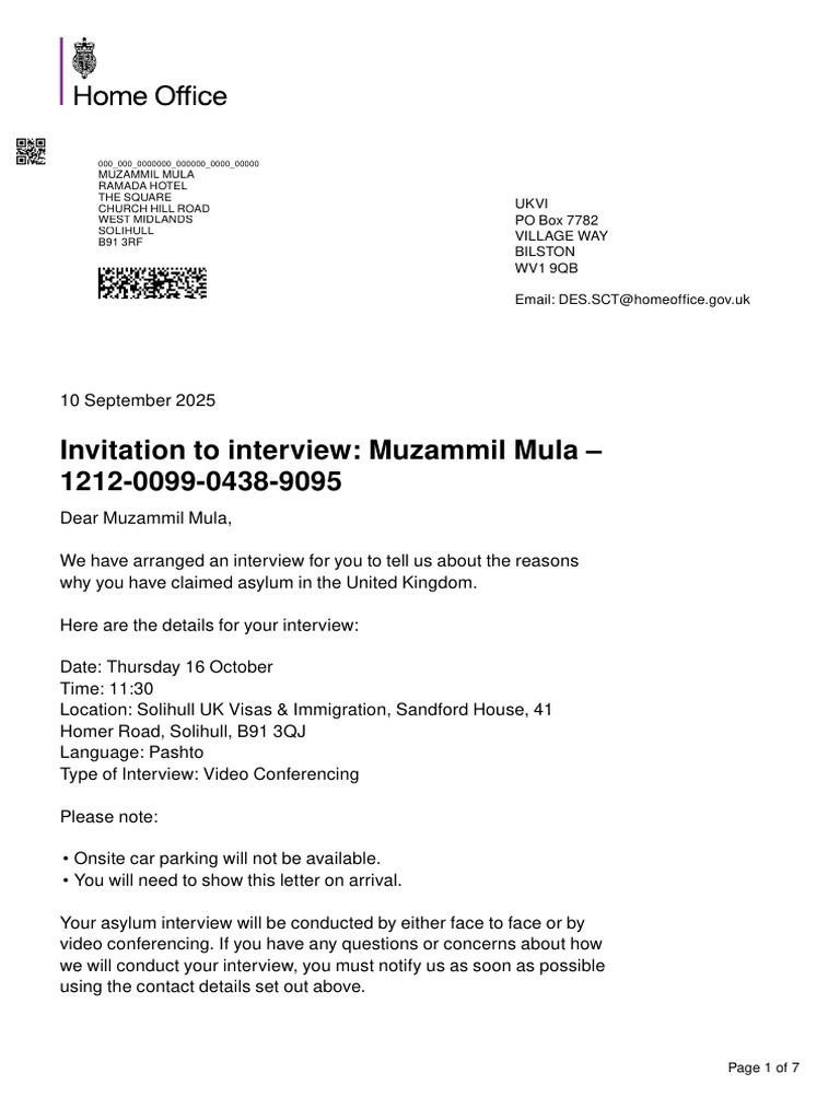 Asylum Interview Letter 1212-0099-0438-9095 Muzammil Mula | PDF ...
