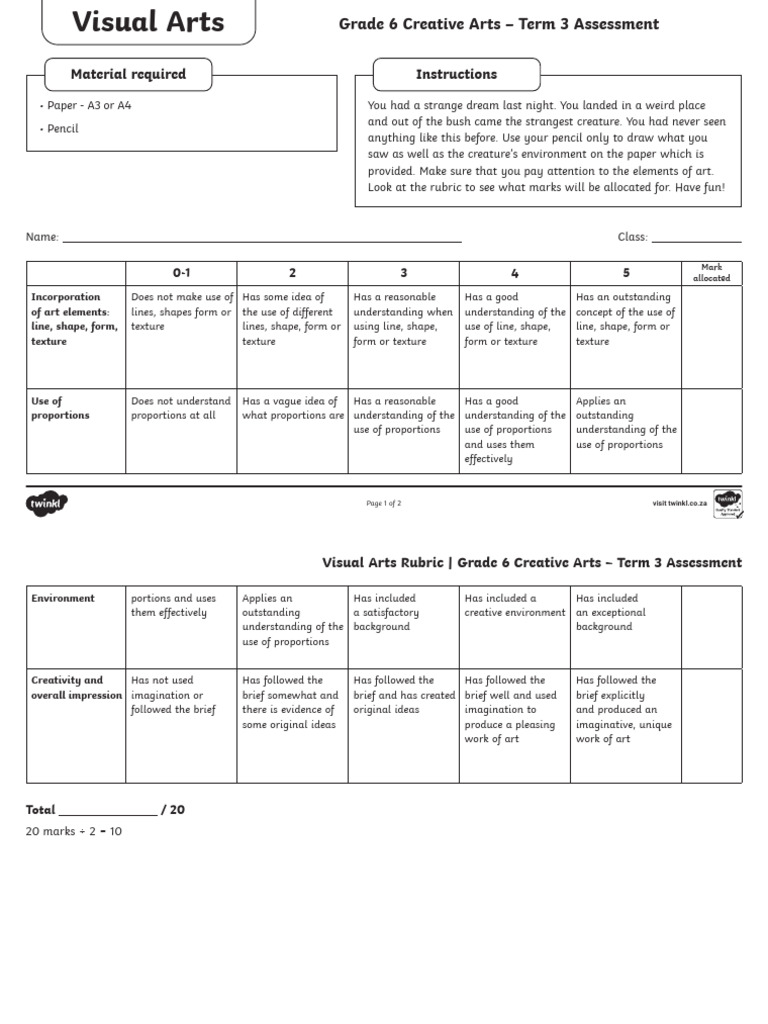 Grade 6 Creative Arts - Term 3 Assessment - Visual Arts Rubric | PDF ...