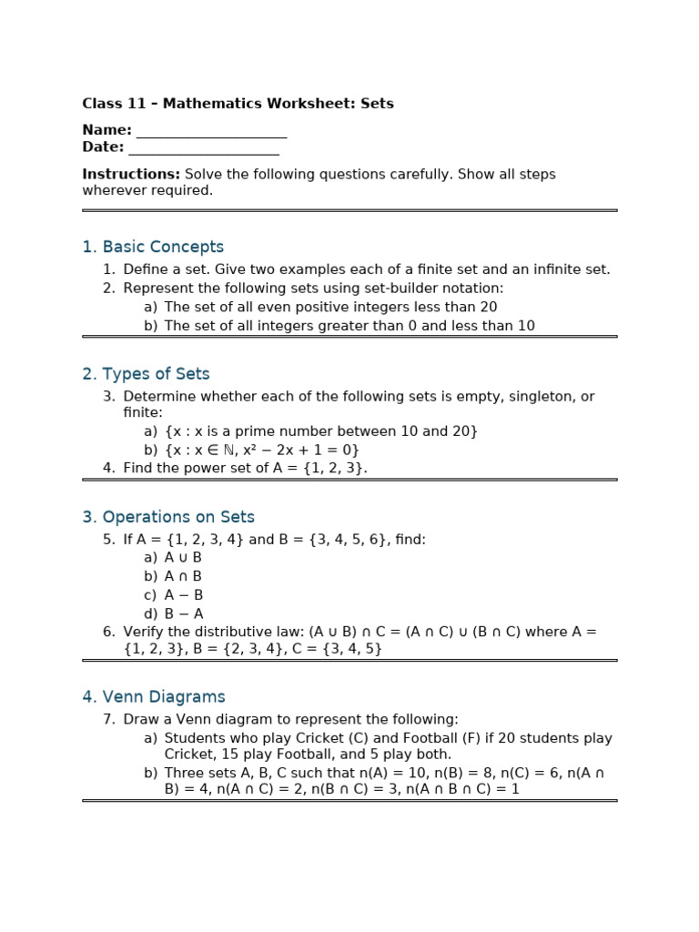 Class11 Sets Worksheet | PDF