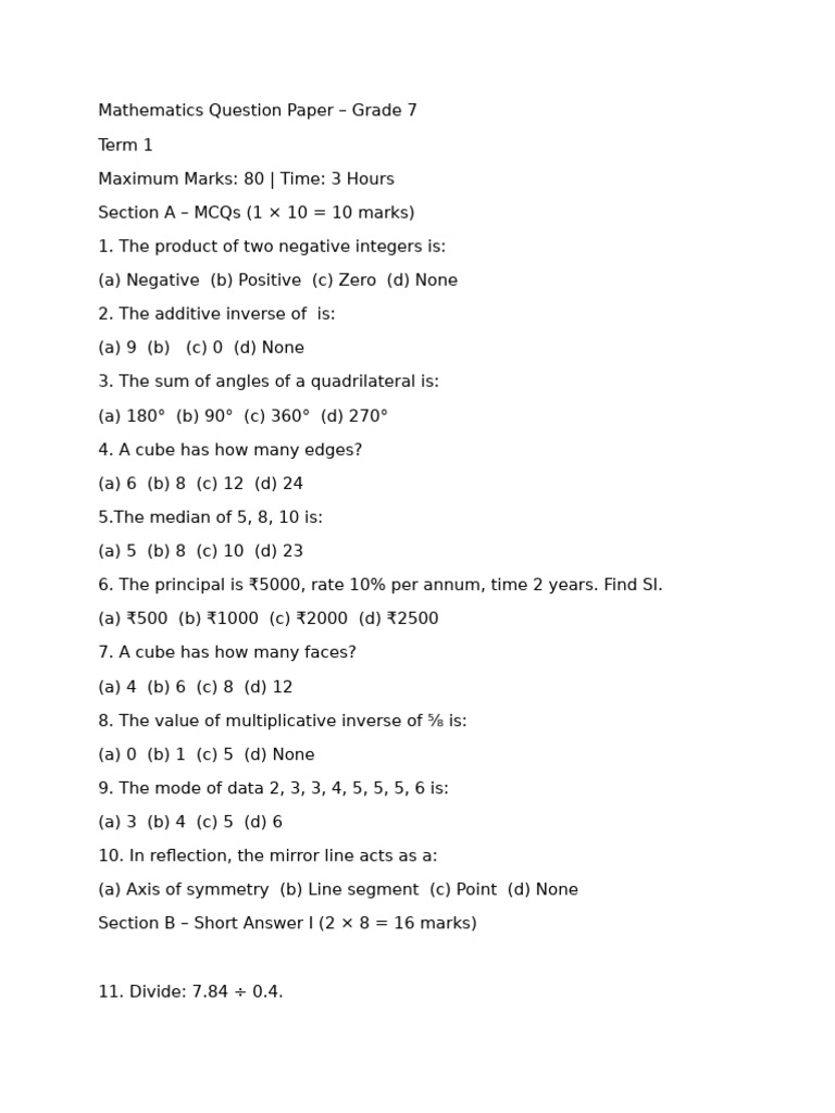 Grade 7 Term 1 Math Questions | PDF | Euclidean Geometry | Elementary ...