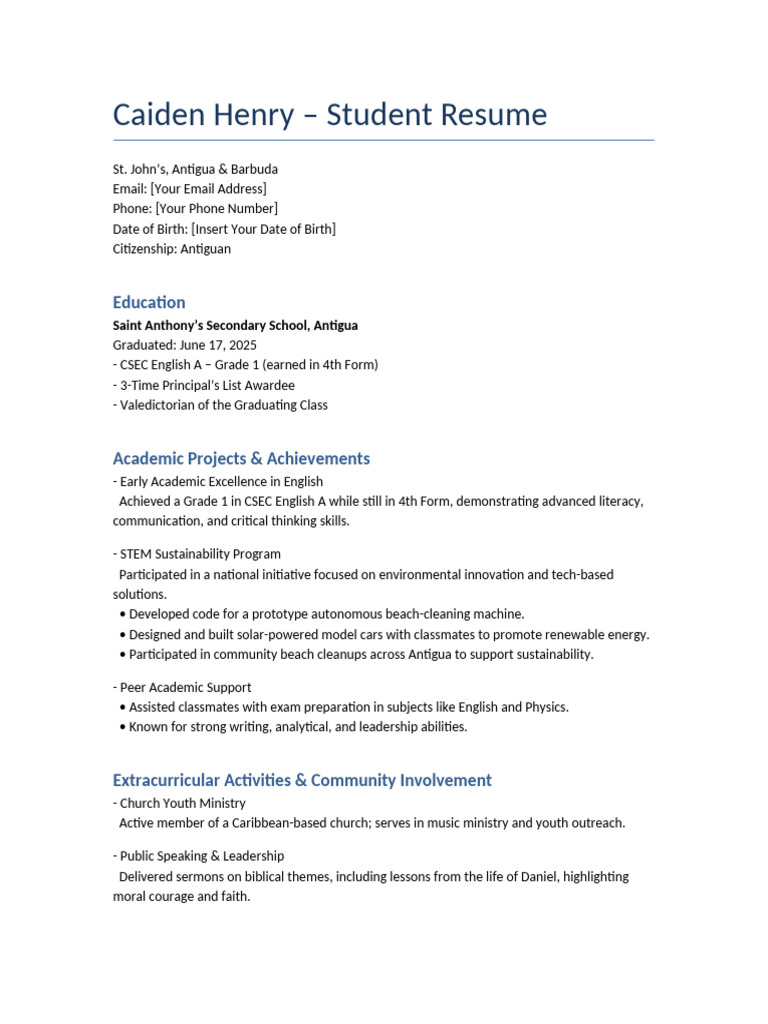 Caiden Henry Student Resume | PDF