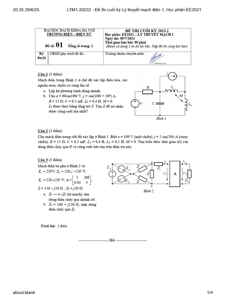 LTM1-20232 - Đề Thi Cuối Kỳ Lý Thuyết Mạch Điện 1, Học Phần EE2021 | PDF