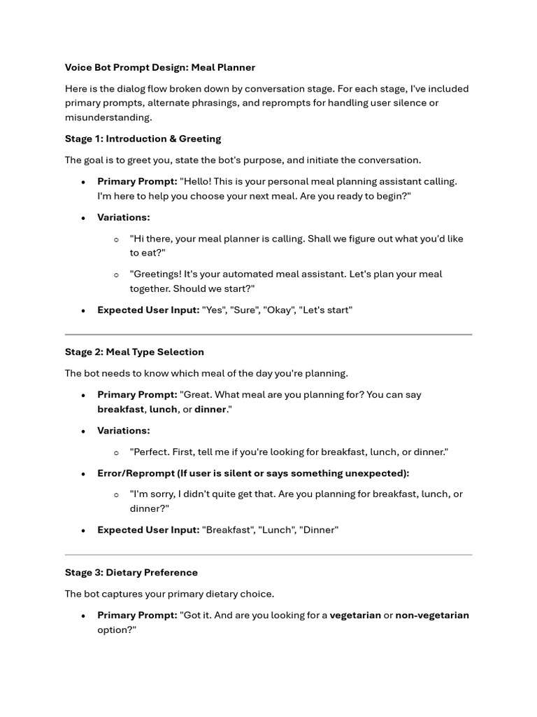 Prompt To Train Voice Bot | PDF | Meal | Lunch