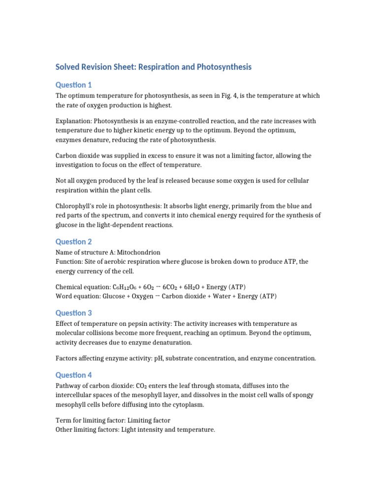 Solved Revision Sheet Respiration Photosynthesis | PDF