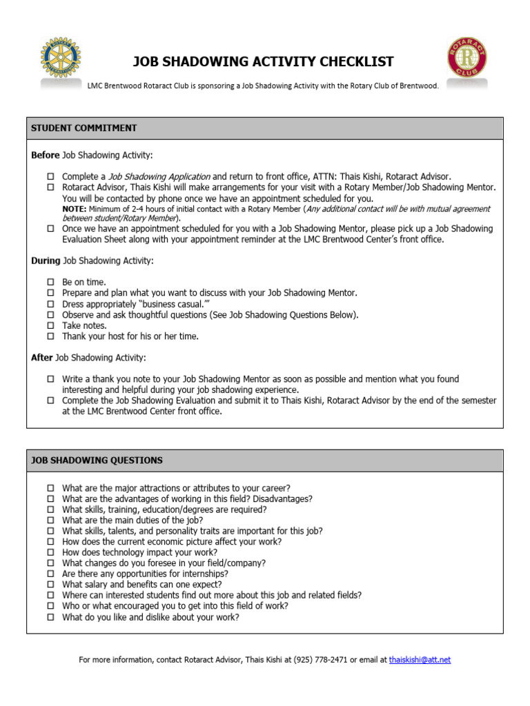 Job Shadowing Activity Checklist | PDF