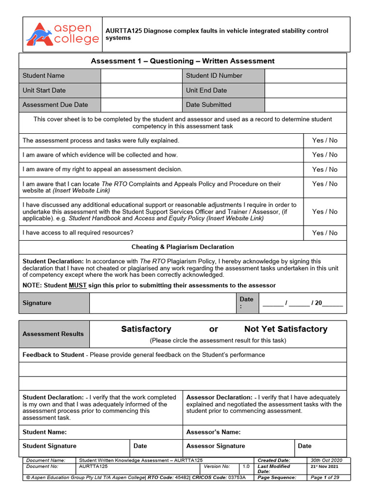 Assessment 1 - Questioning - Written Assessment: Satisfactory or Not ...