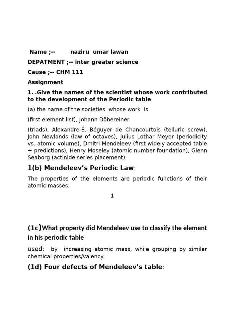 Assegment Chemistry 11123 | PDF | Periodic Table | Hydrogen