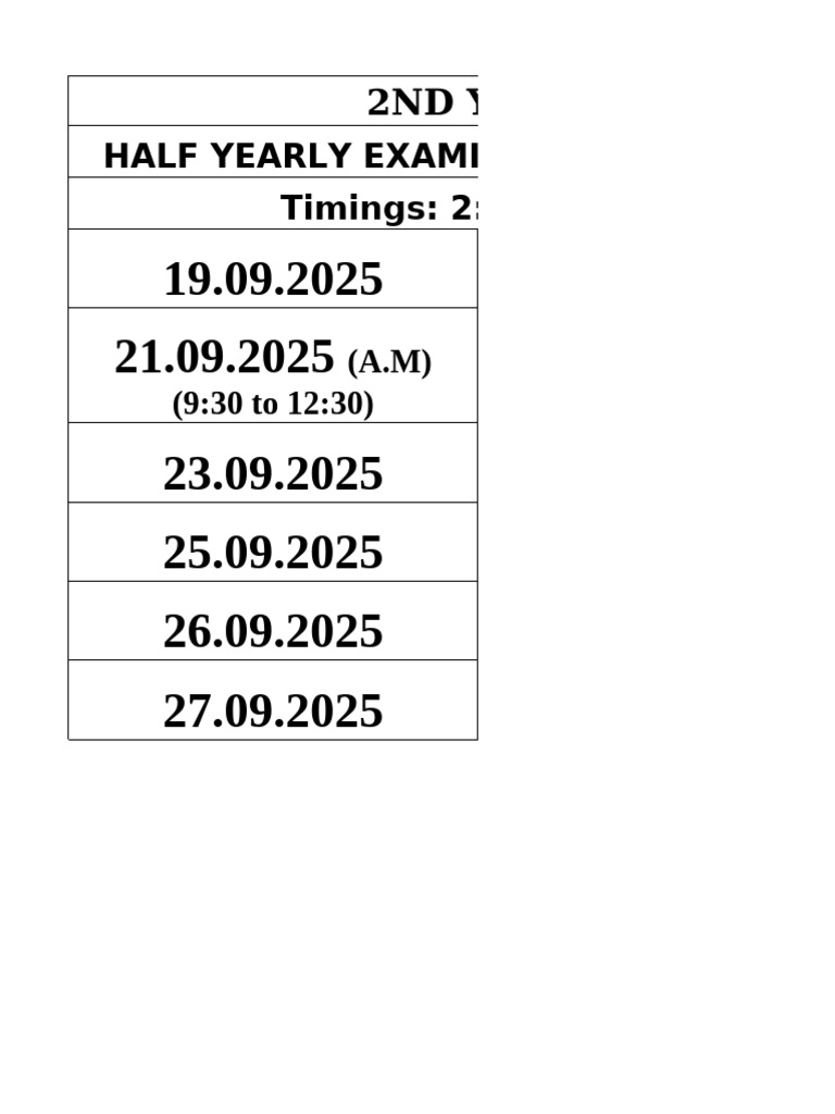 2nd Year Half Yearly Exam Schedule | PDF