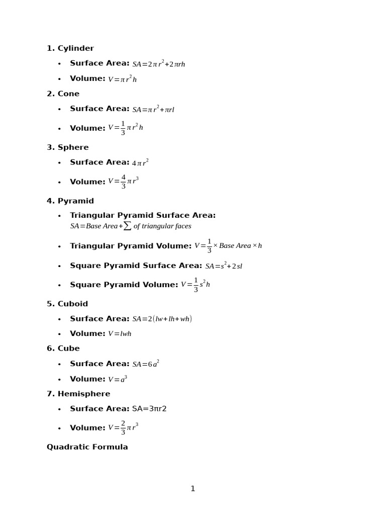 Surface Area and Volume Formulas | PDF | Volume | Area