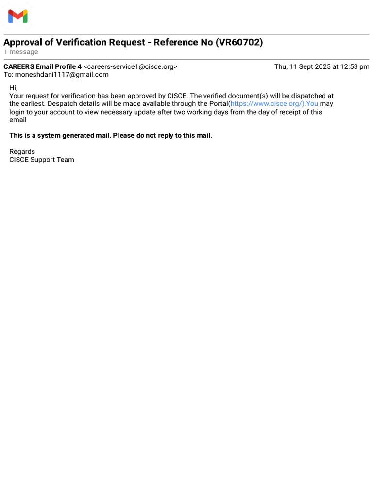 Gmail - Approval of Verification Request - Reference No (VR60702) | PDF