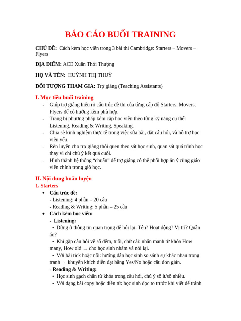 Báo Cáo Training Starters - Movers - Flyers | PDF